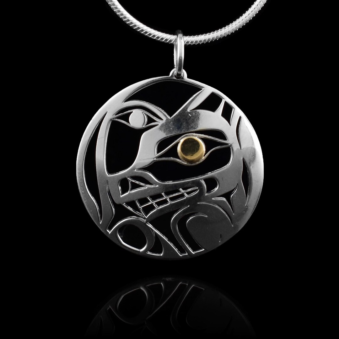 Canadian First Nations, Circle Cutout Silver Gold Wolf and Moon Pendant ...