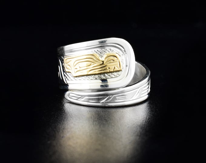 His and Her Native Combination Wedding Band Wolf Design Silver and 14k ...