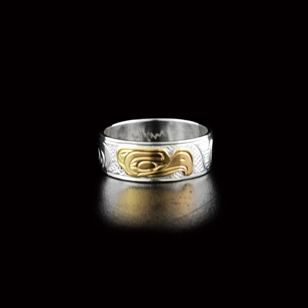 Northwest Coast Indigenous, Hand Carved 1/4" Eagle Silver and Gold Ring ...