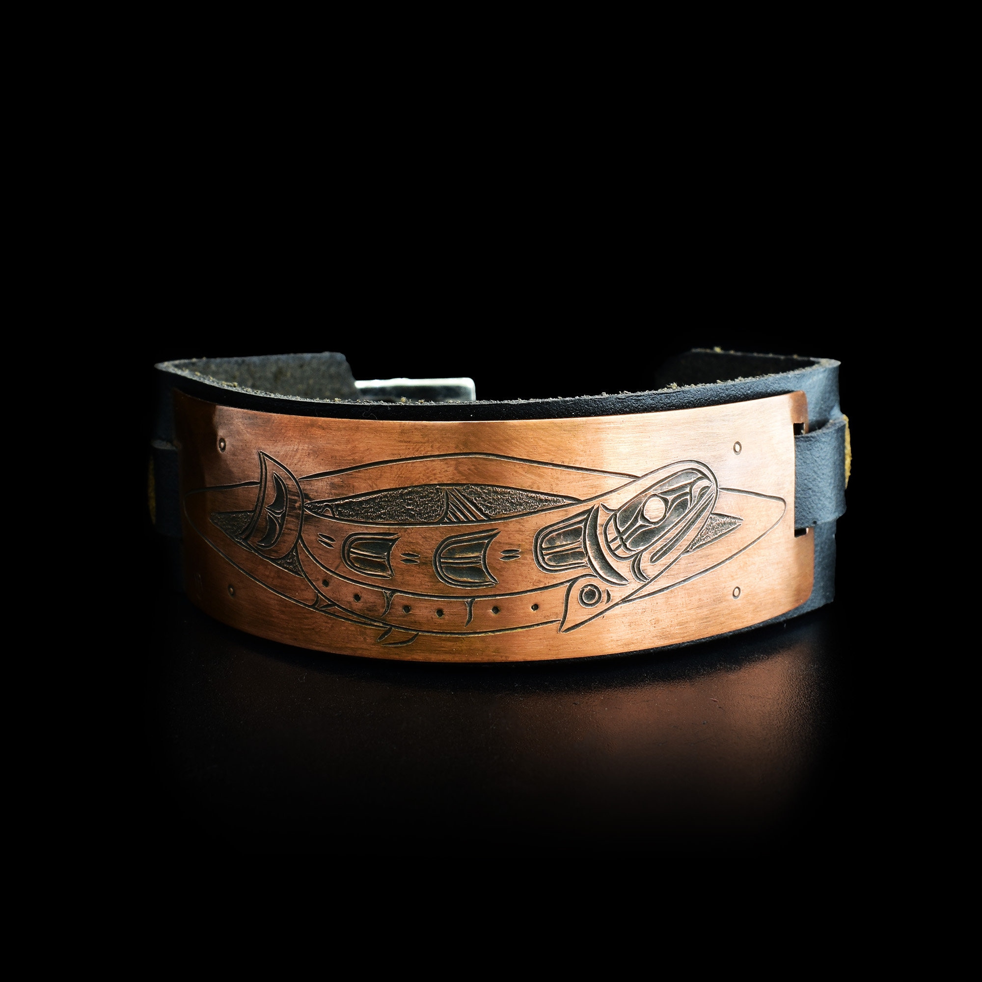 Canadian First Nations, Hand Carved 7/8 Copper Salmon on Leather Cuff ...