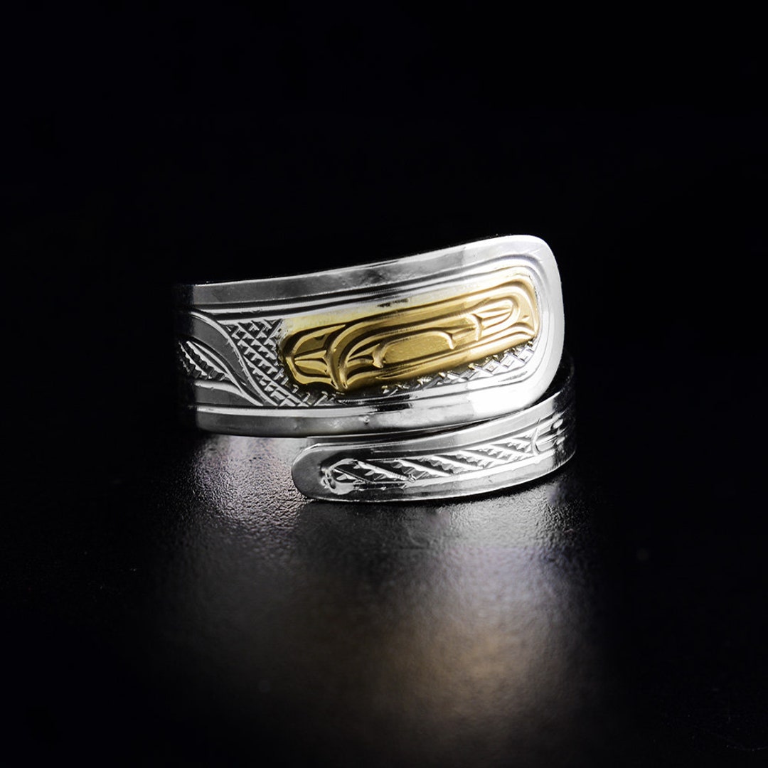 Northwest Coast Indigenous, Hand Carved Sterling Silver and 14K Gold 3/ ...