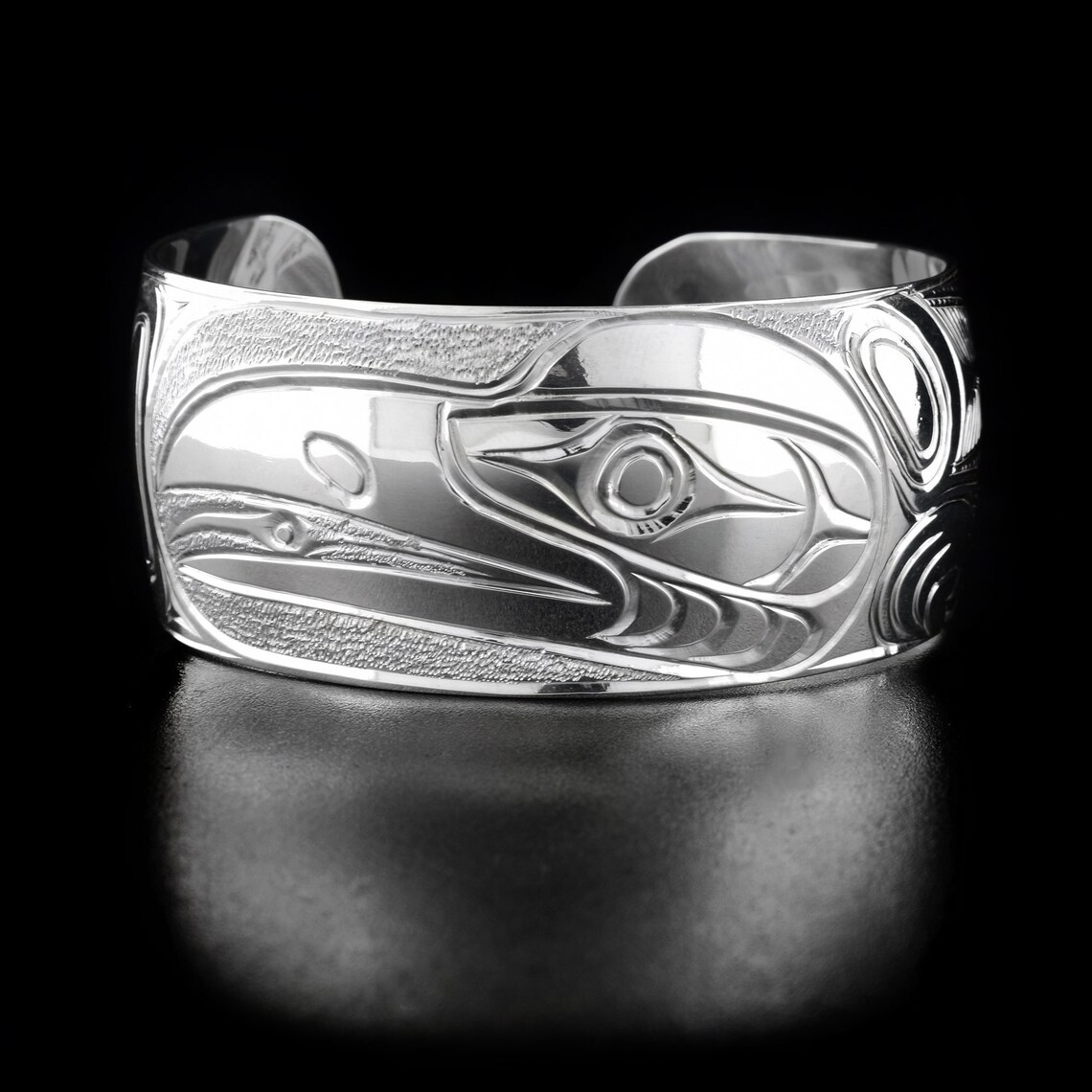 Canadian First Nations, Hand Carved Sterling Silver 1" Raven Cuff ...