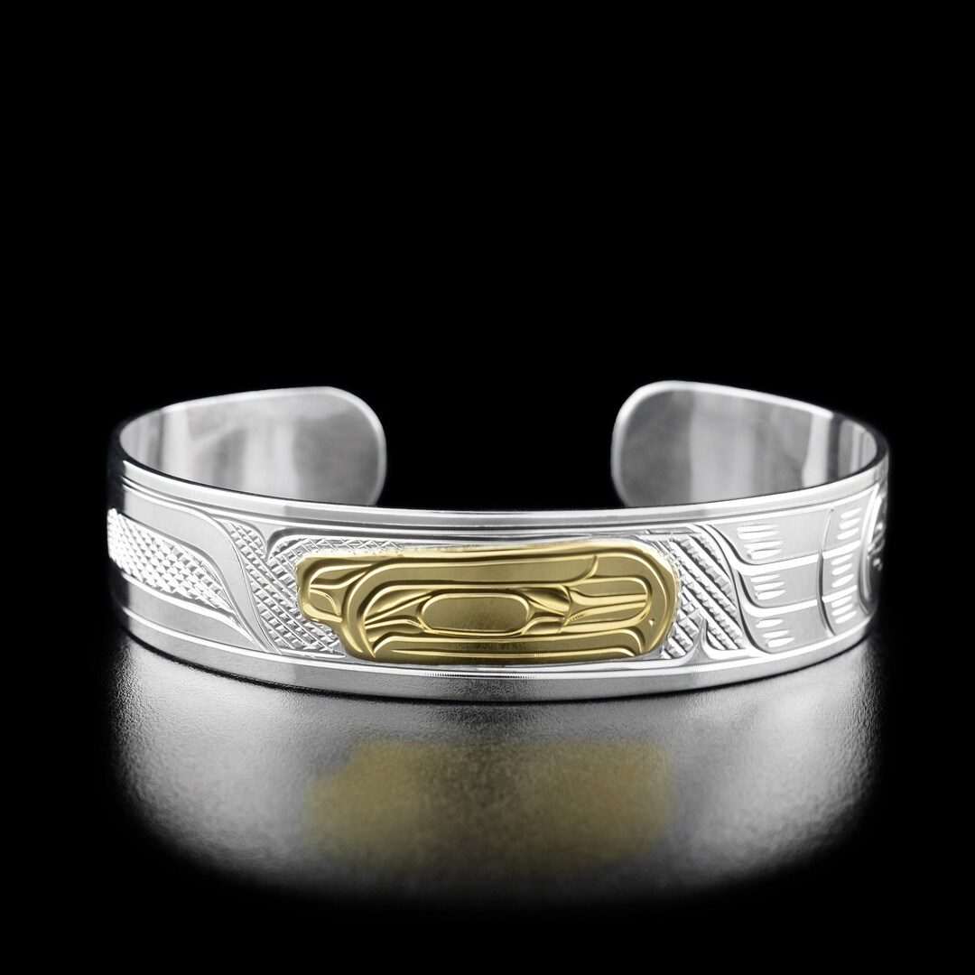 Canadian First Nations, Hand Carved Sterling Silver and 14K Gold 1/2 ...