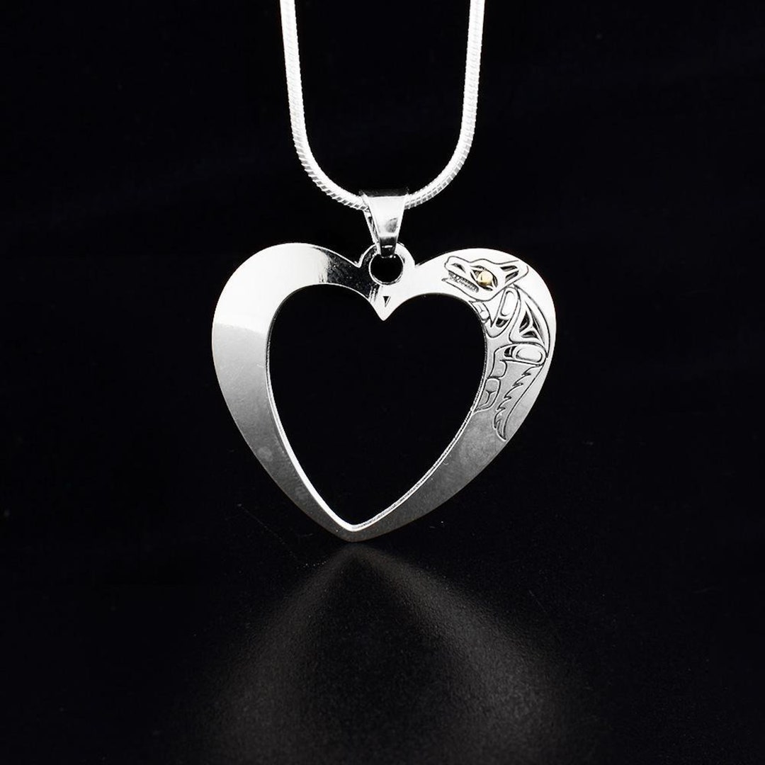 Canadian First Nations, Cutout Sterling Silver and 14K Gold Wolf Heart ...
