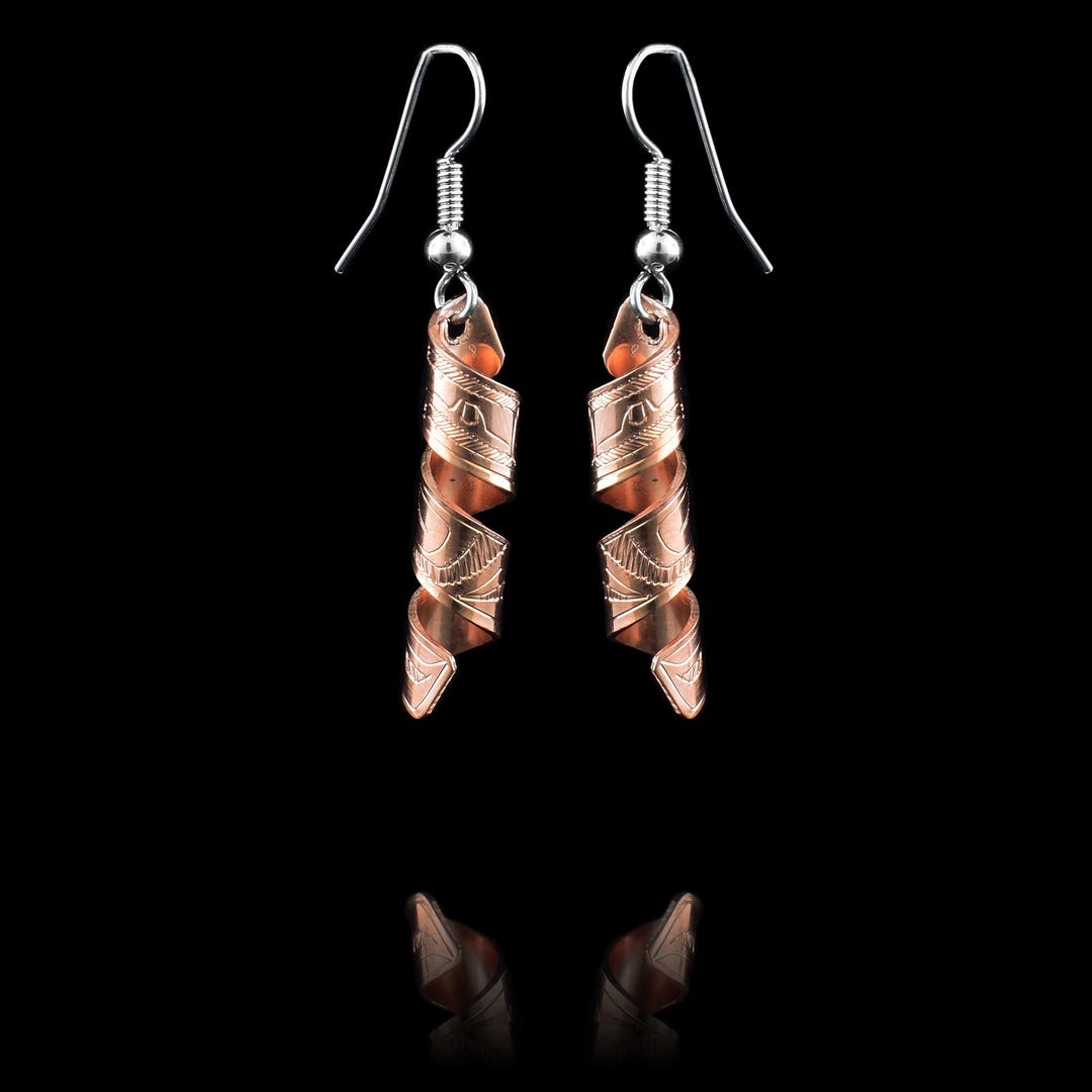 Canadian First Nations, Hand Carved Copper Eagle Drop Spiral Earrings ...