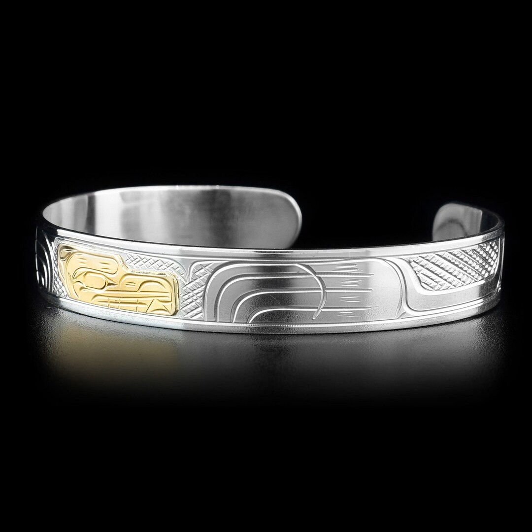 Canadian First Nations, Hand Carved Sterling Silver and 14K Gold Bear ...