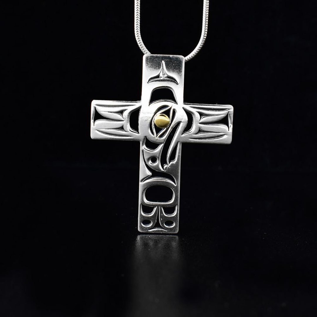 Canadian First Nations, Cutout Sterling Silver and 18K Gold Eagle Cross ...