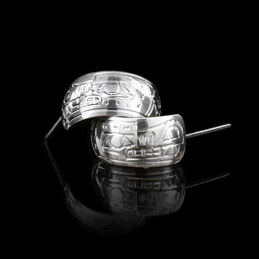 Canadian First Nations, Hand Carved Silver Wide Hoop Wolf Earrings ...