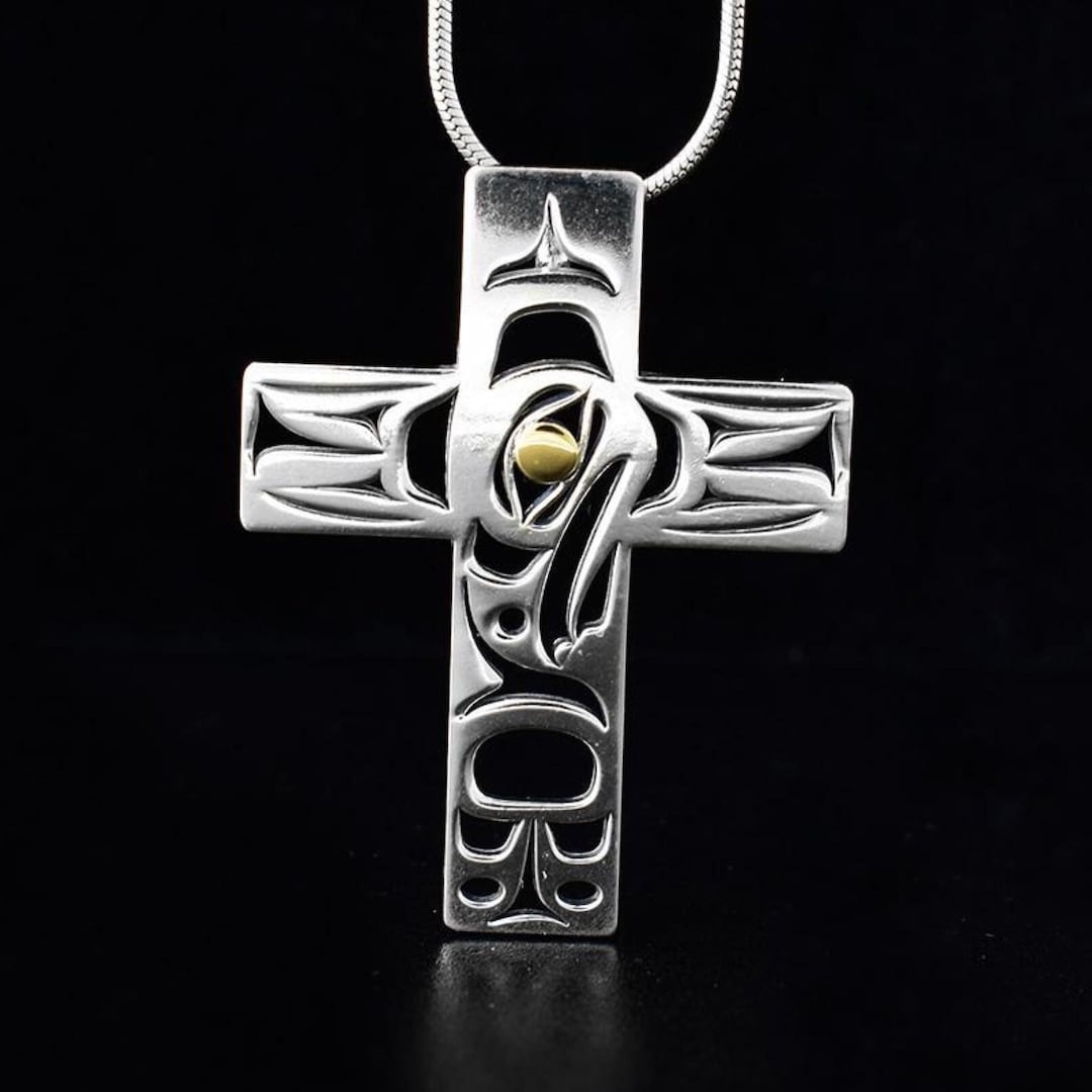 Canadian First Nations, Cutout Sterling Silver and 14K Gold Eagle Cross ...
