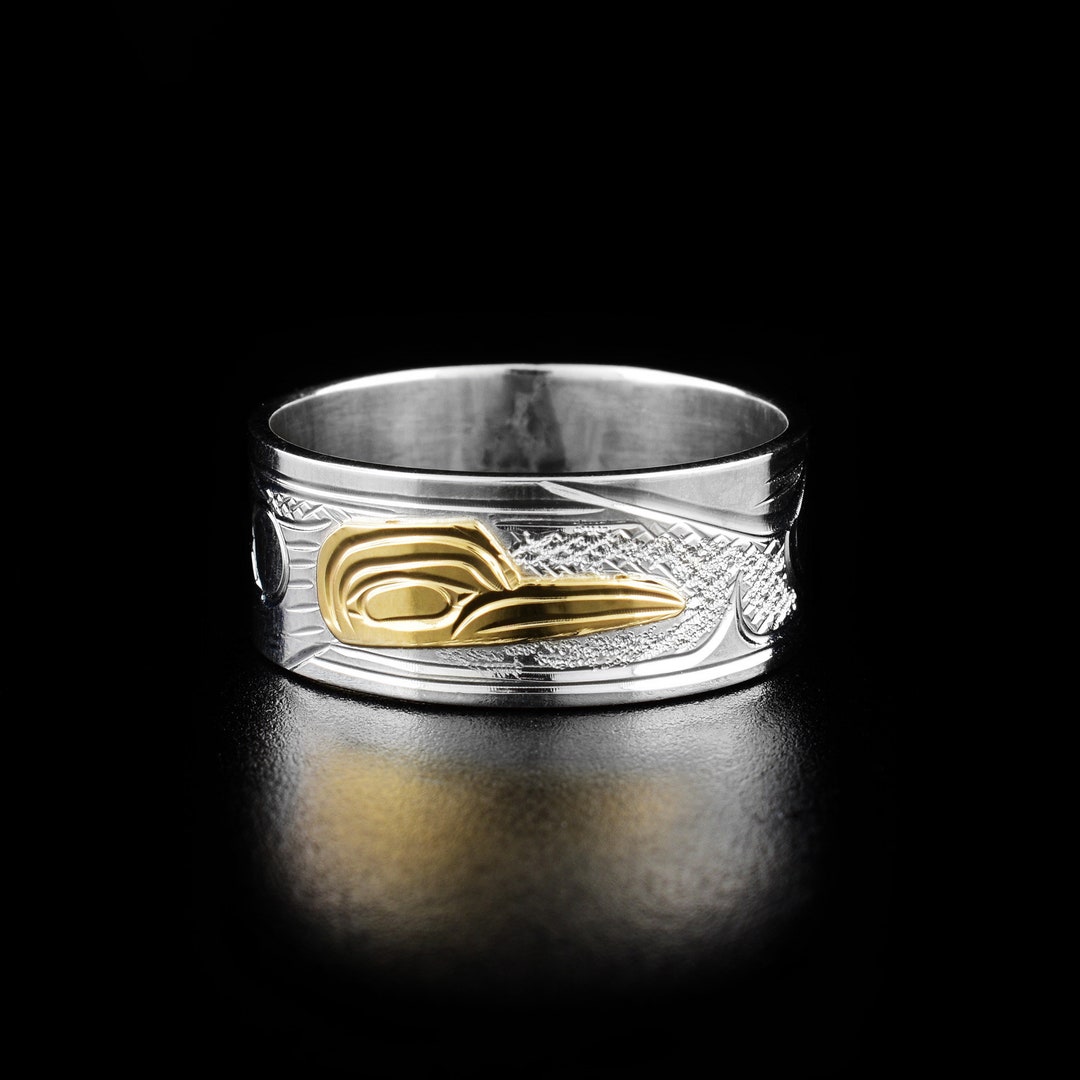 Canadian First Nations, Hand Carved 14k Gold and Sterling Silver 3/8 ...