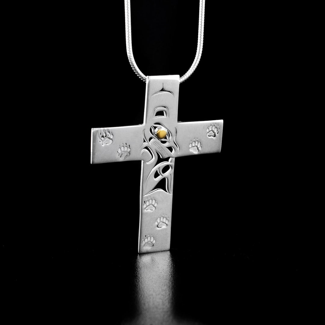 Canadian First Nations, Sterling Silver and 14K Gold Bear Cross Pendant ...