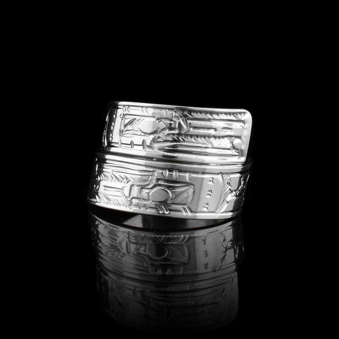 Canadian First Nations, Hand Carved Silver Wrap 1/4" Double Raven Ring ...