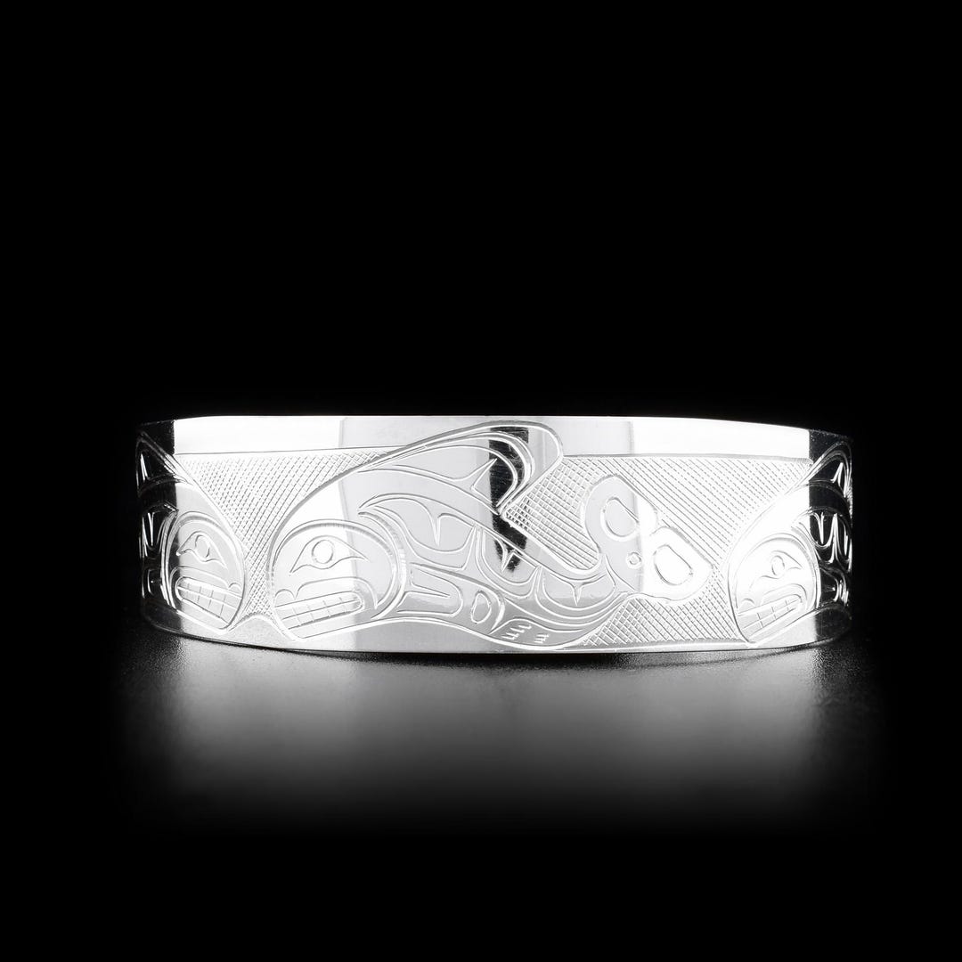 Canadian First Nations, Hand Carved Silver Family Orca Bracelet Cuff ...