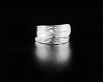 Northwest Coast Indigenous, Hand Carved Sterling Silver and 14K Gold Eagle Ring, First Nations ...
