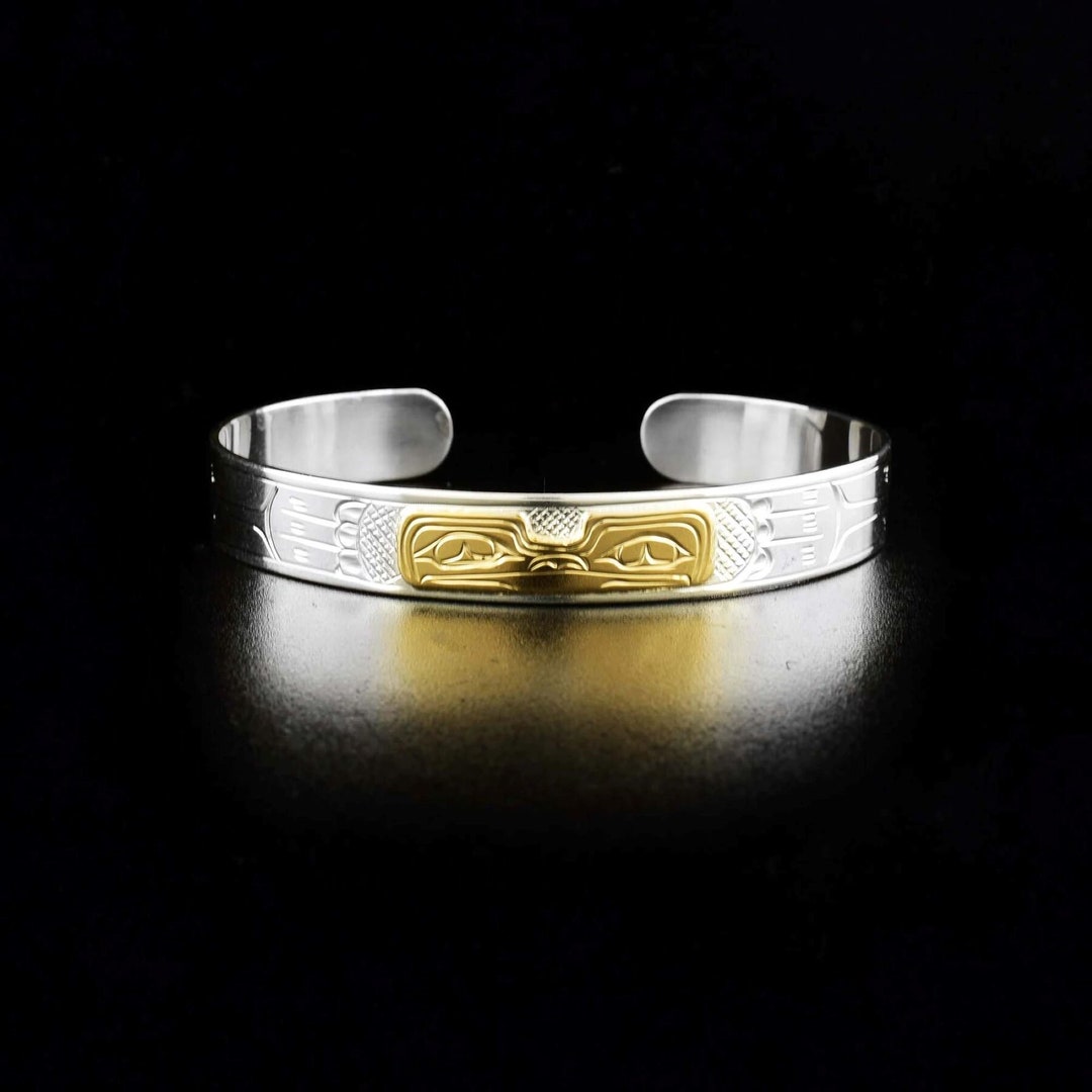 Canadian First Nations, Hand Carved Sterling Silver and 14K Gold 3/8 ...