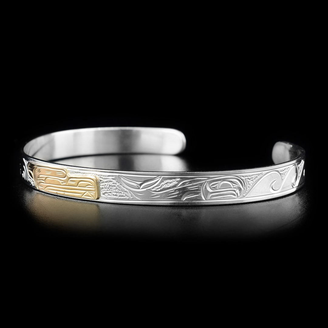 Canadian First Nations, Hand Carved Sterling Silver and 14K Gold Bear ...