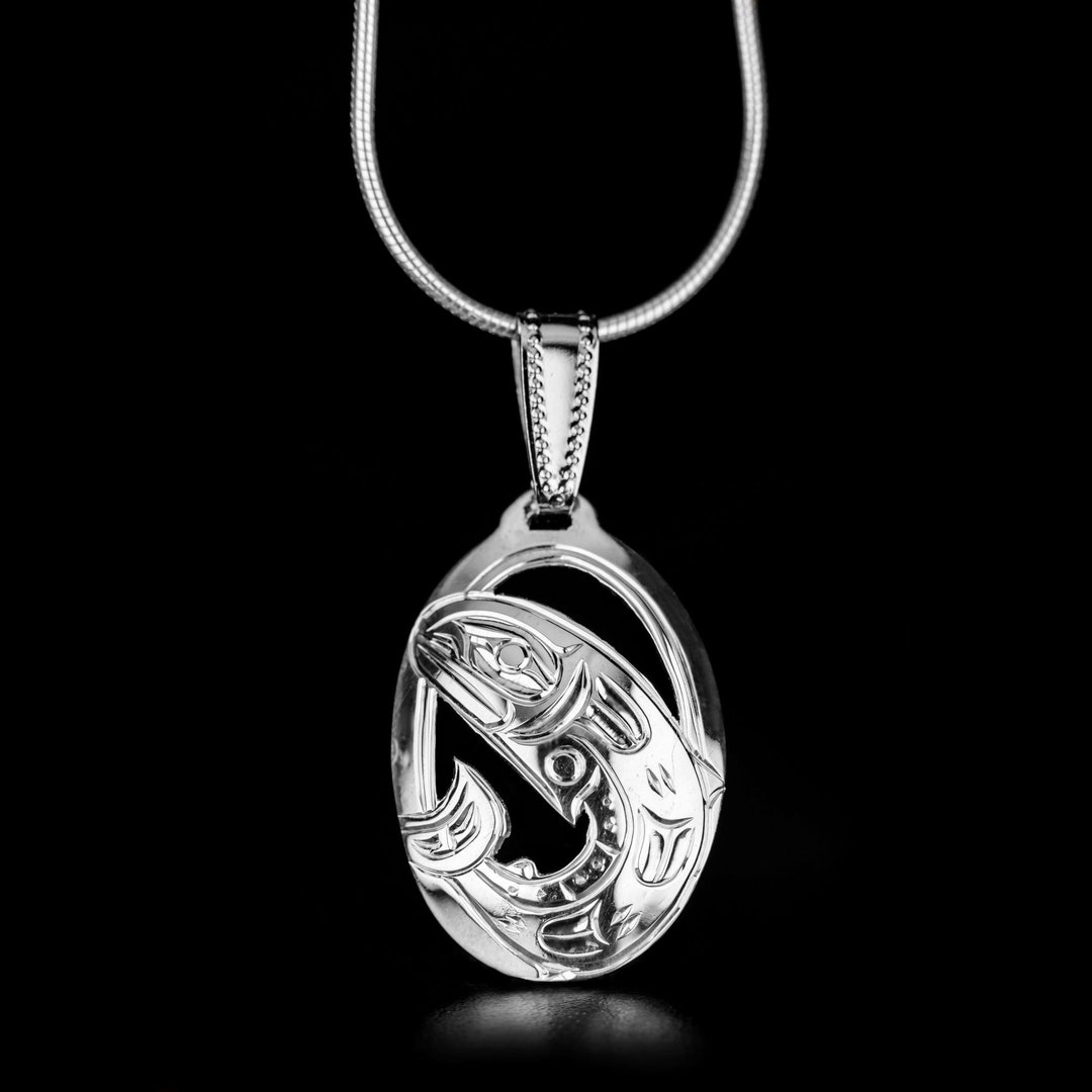 Canadian First Nations, Hand Carved Sterling Silver Small Oval Salmon ...
