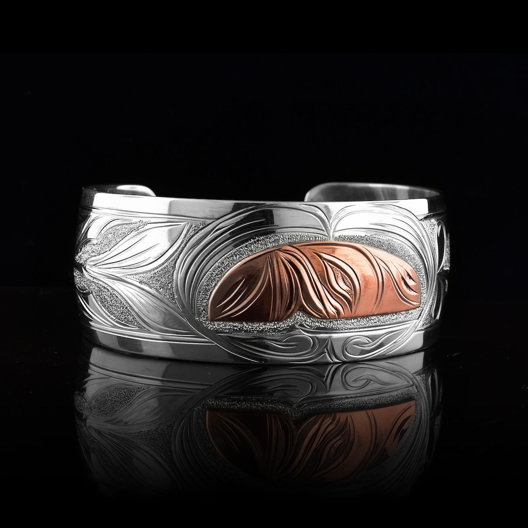 Northwest Coast Indigenous, Hand Carved Wide Cuff 1" Silver Copper ...