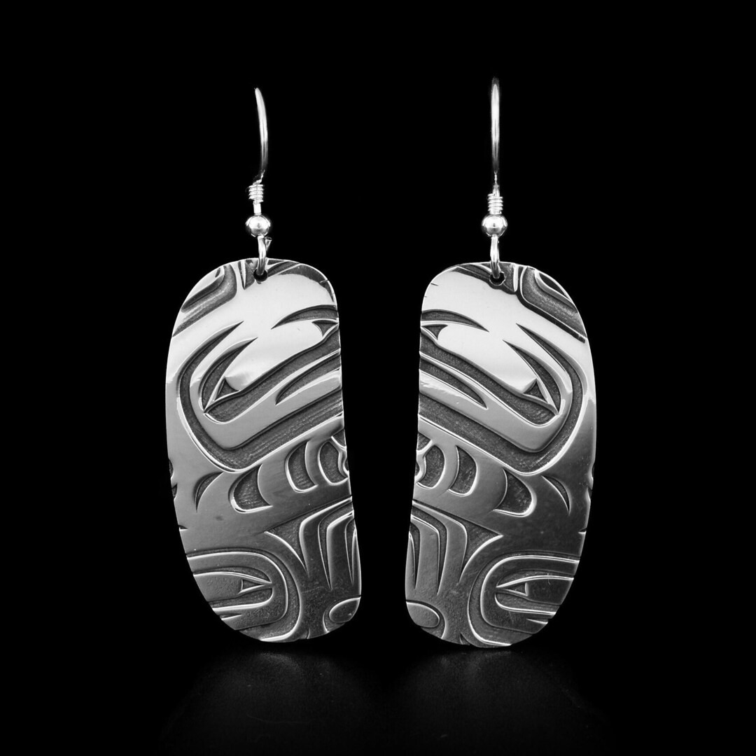 Canadian First Nations, Sterling Silver Abstract Ovoid Orca Earrings ...