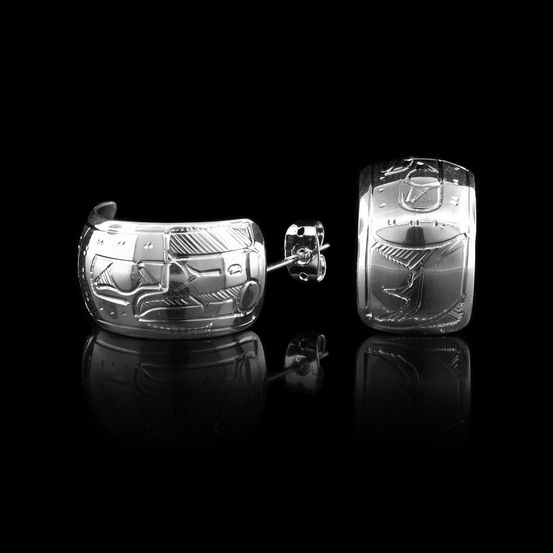 Canadian First Nations, Hand Carved Sterling Silver Raven Wide Hoop ...