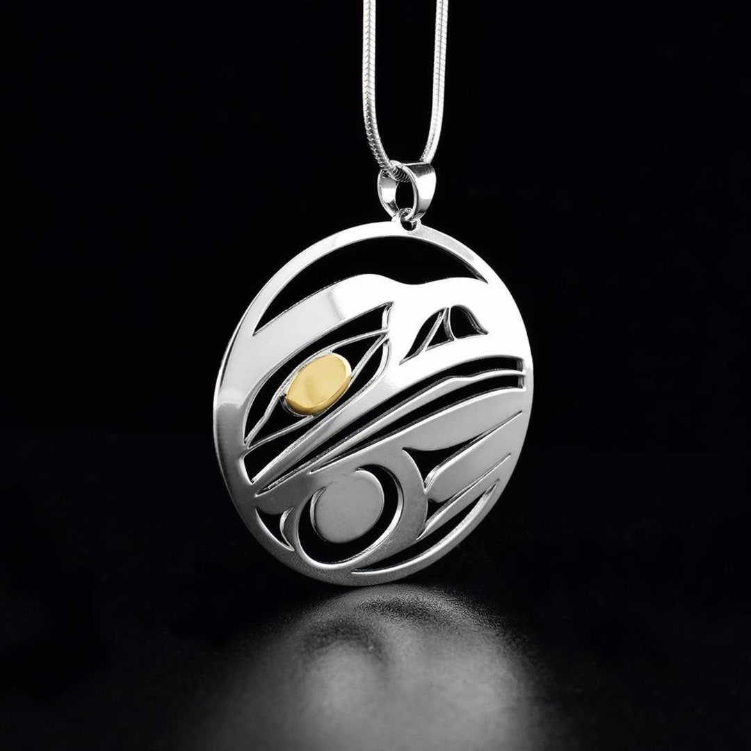 Canadian First Nations, Cutout Sterling Silver and 14K Gold Round Raven ...