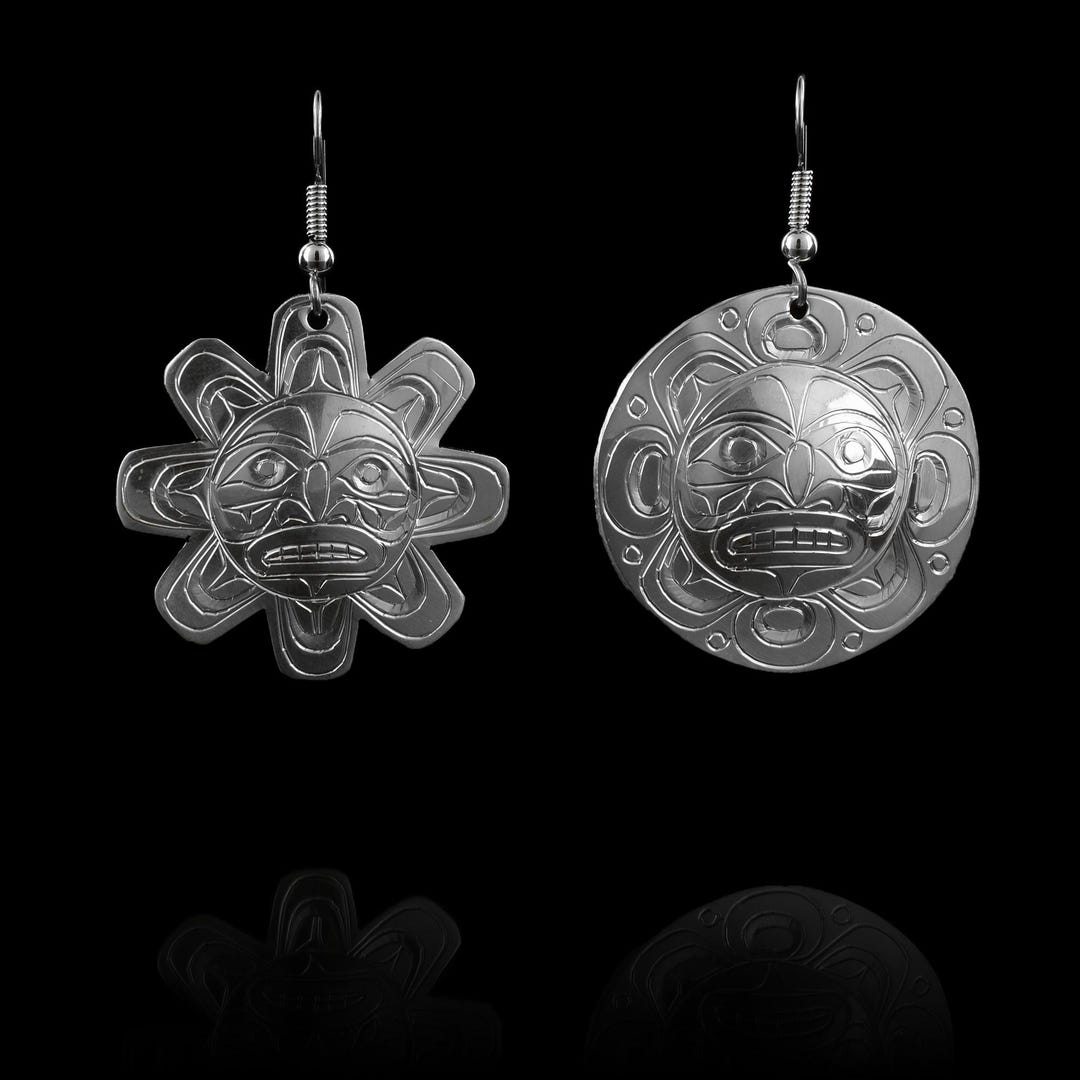Canadian First Nations, Hand Carved Large Silver Sun and Moon Earrings ...