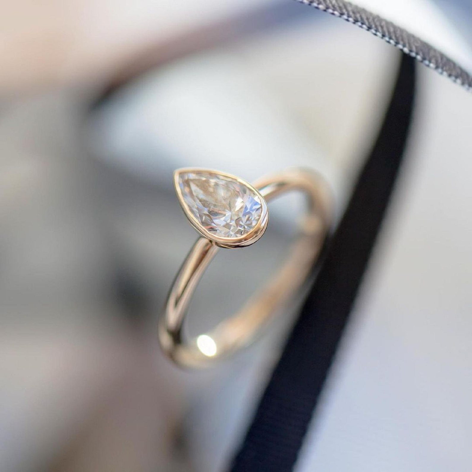Pear Cut Bezel Set Moissanite Engagement Ring in 14k Solid Yellow Gold ...