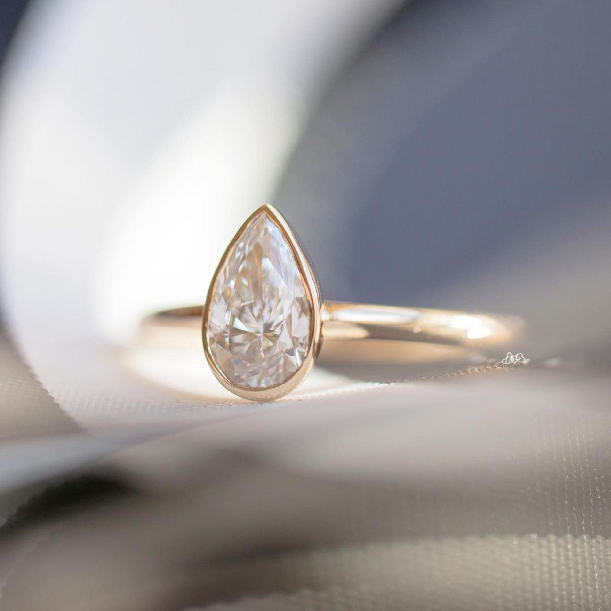 Pear Cut Bezel Set Moissanite Engagement Ring in 14k Solid Yellow Gold ...