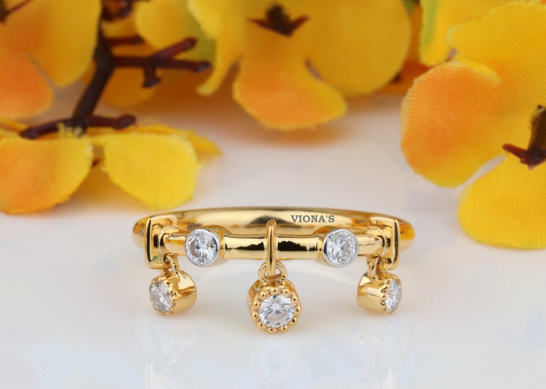 14k Solid Gold Diamond Dangle Ring Diamond Charm Ring - Etsy