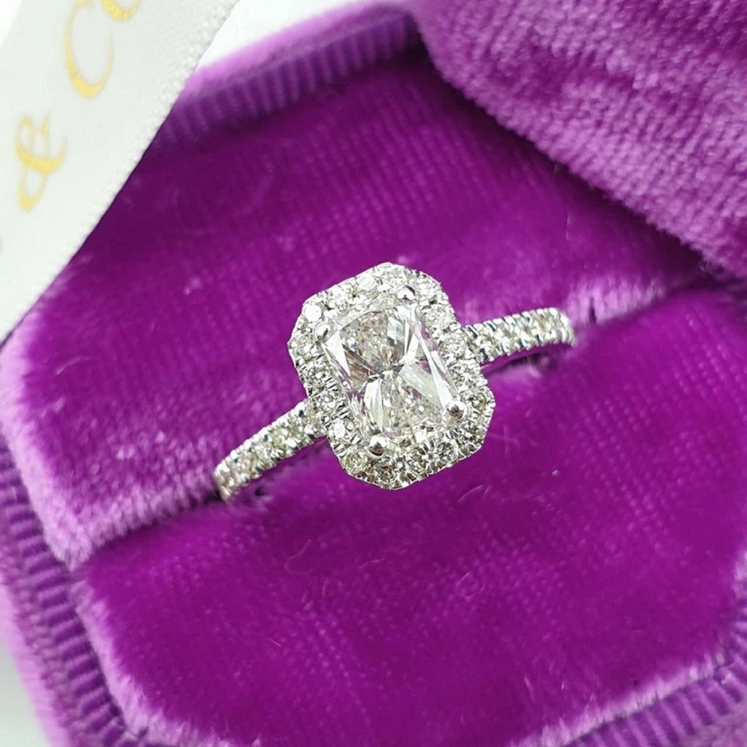 1 02 Ct Radiant Cut Moissanite Halo Engagement Ring Half Eternity