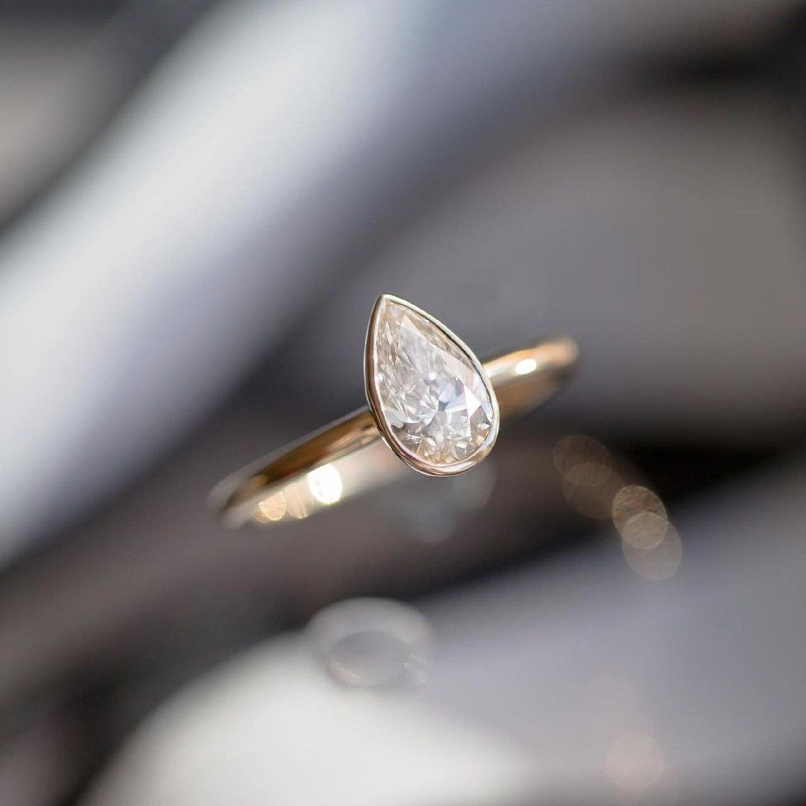 Pear Cut Bezel Set Moissanite Engagement Ring in 14k Solid Yellow Gold ...