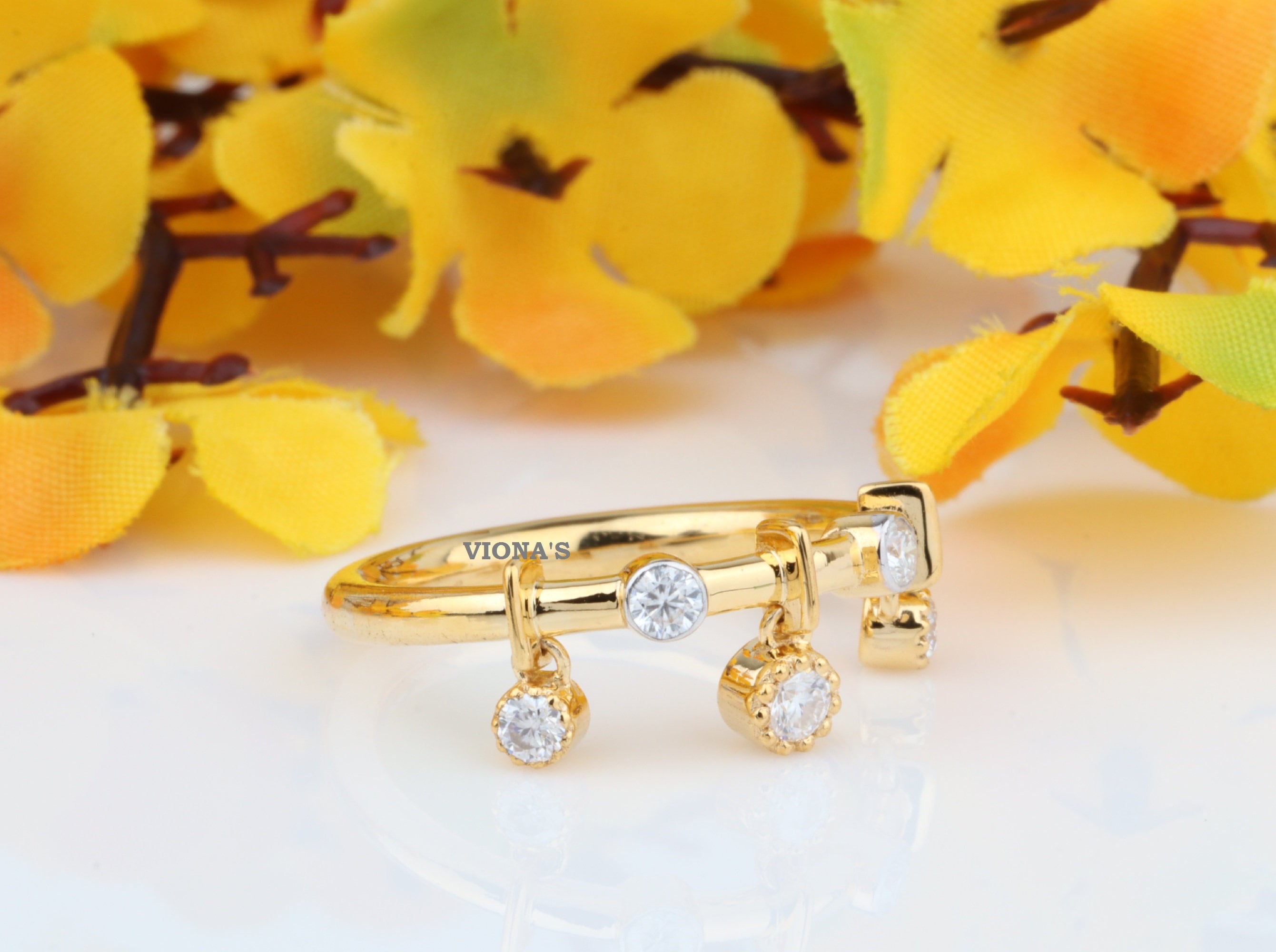 14k Solid Gold Diamond Dangle Ring Diamond Charm Ring - Etsy