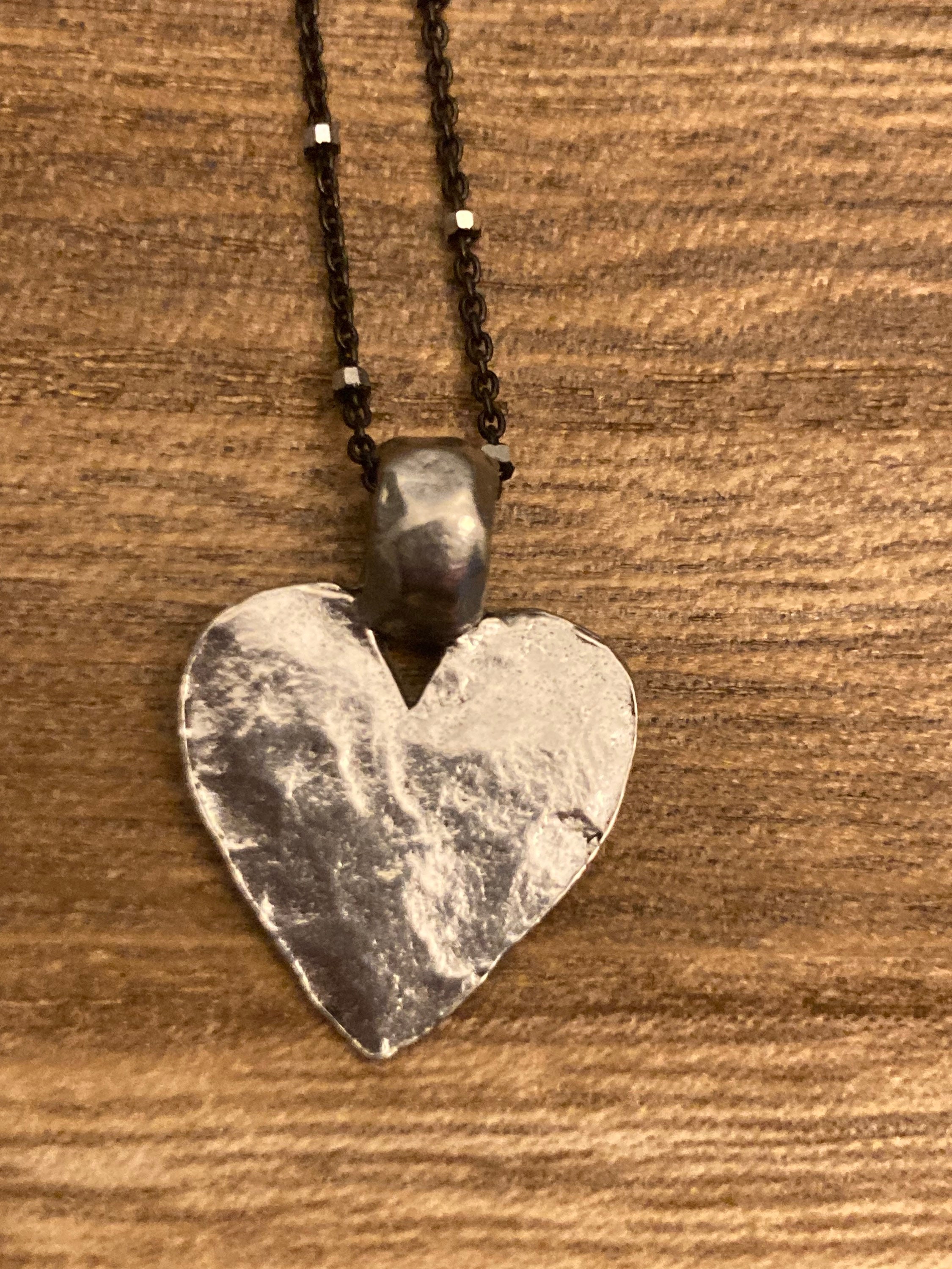 Hammered Heart Charm Black Rhodium Chain Silver Beads Necklace - Etsy