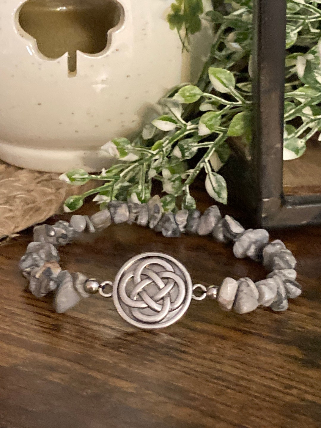 Ireland Jewelry, Celtic Knot Charm Bracelet, Gray Raw Cut Jasper ...