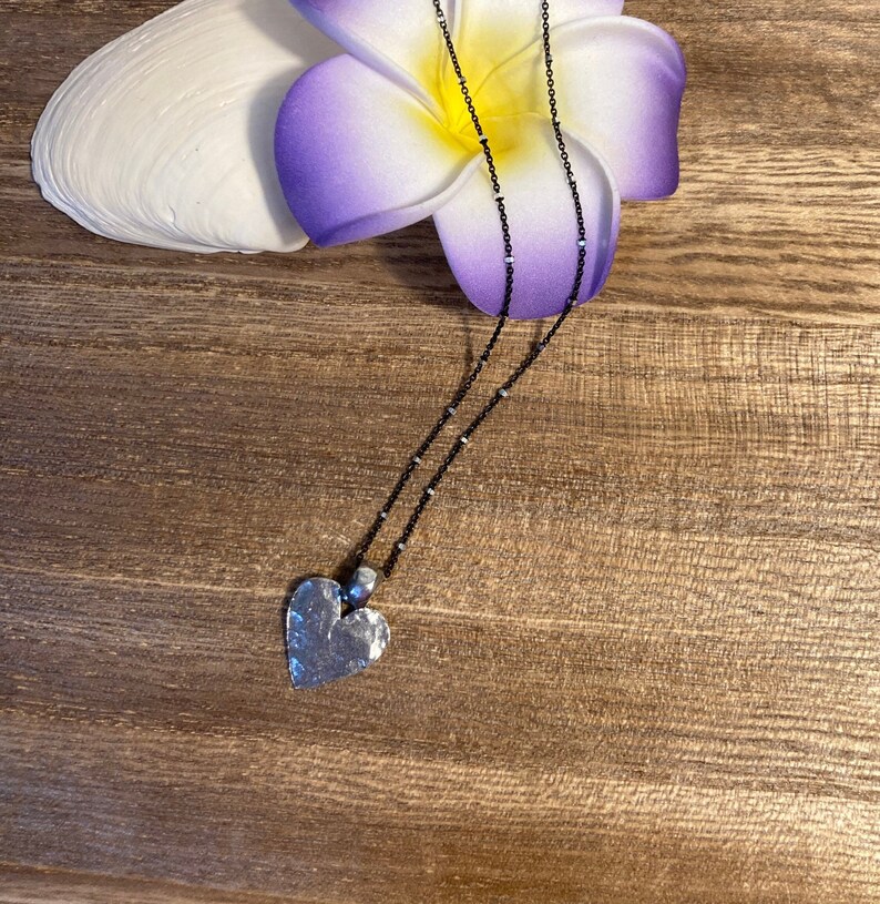 Hammered Heart Charm Black Rhodium Chain Silver Beads Necklace - Etsy