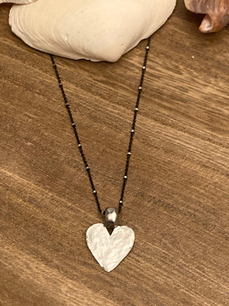 Hammered Heart Charm Black Rhodium Chain Silver Beads Necklace - Etsy