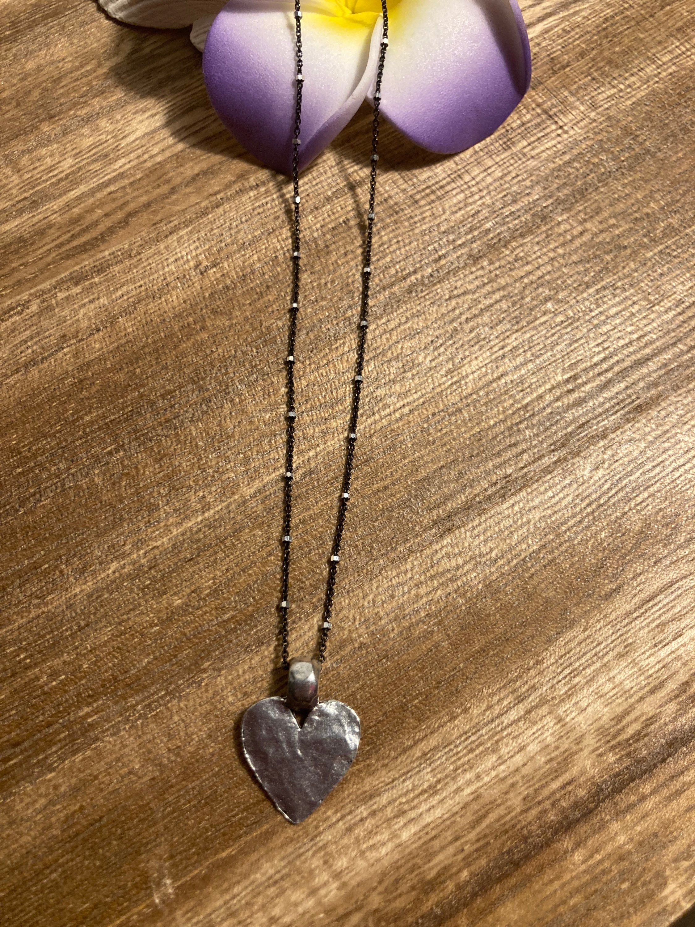 Hammered Heart Charm Black Rhodium Chain Silver Beads Necklace - Etsy