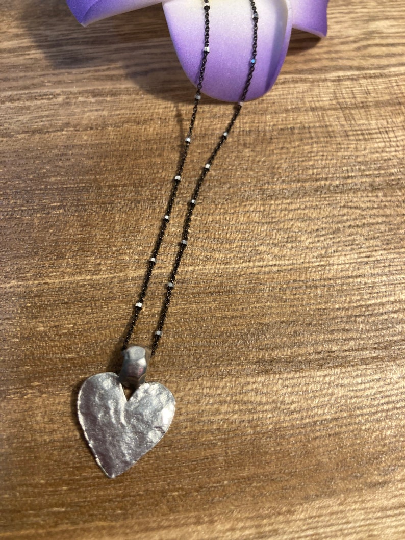 Hammered Heart Charm Black Rhodium Chain Silver Beads Necklace - Etsy