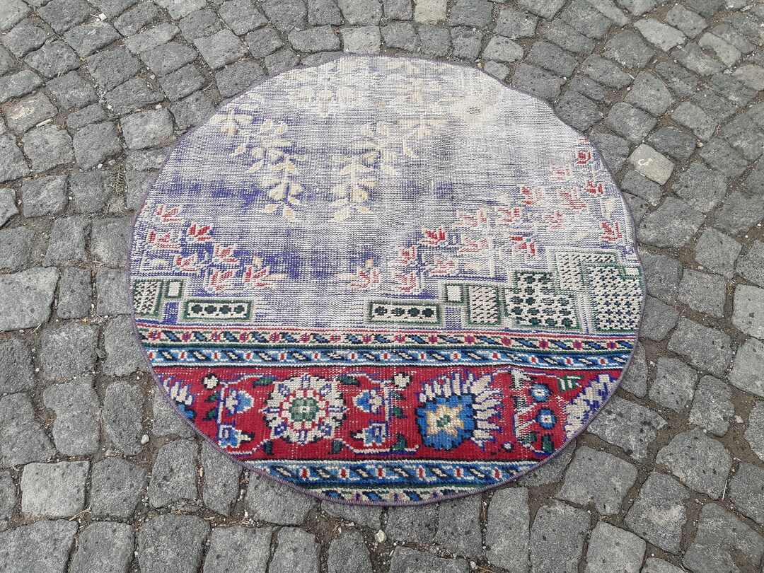 Vintage Round Turkish Rug: 3.3 Ft Wool Oushak Rug - Etsy