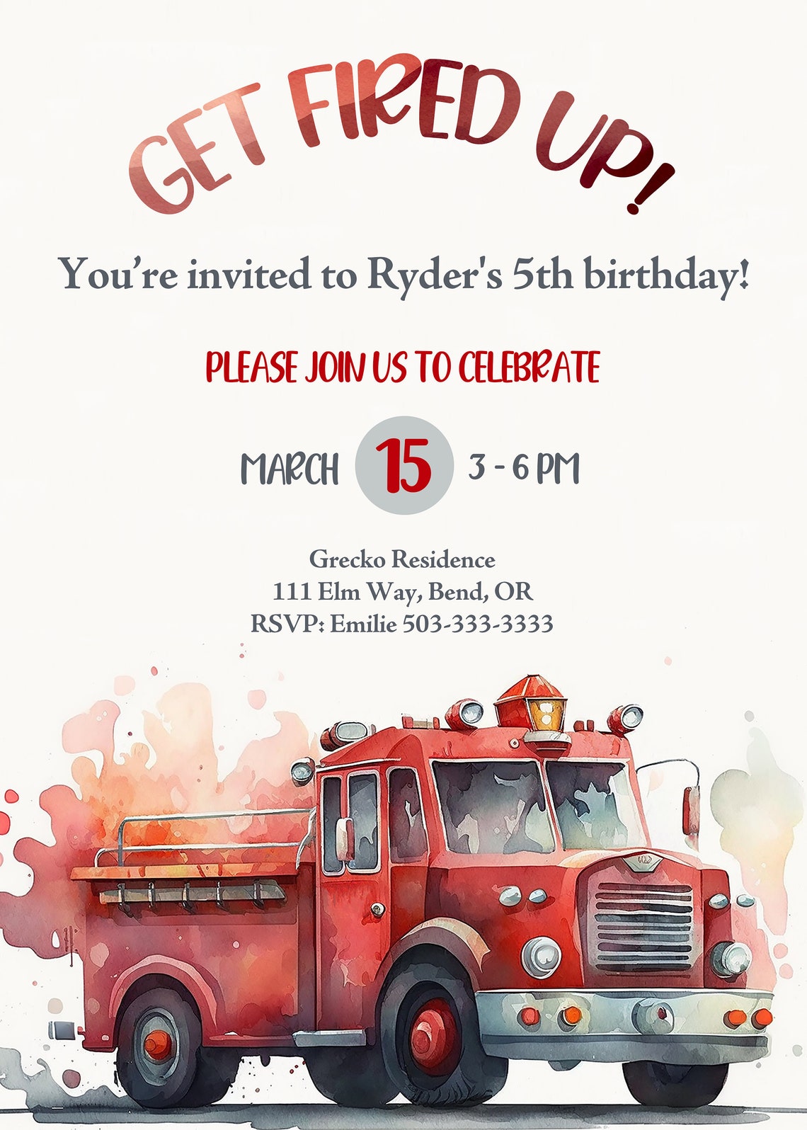 Get Fired Up! Children's Fire Truck Birthday Invitation Template - Etsy