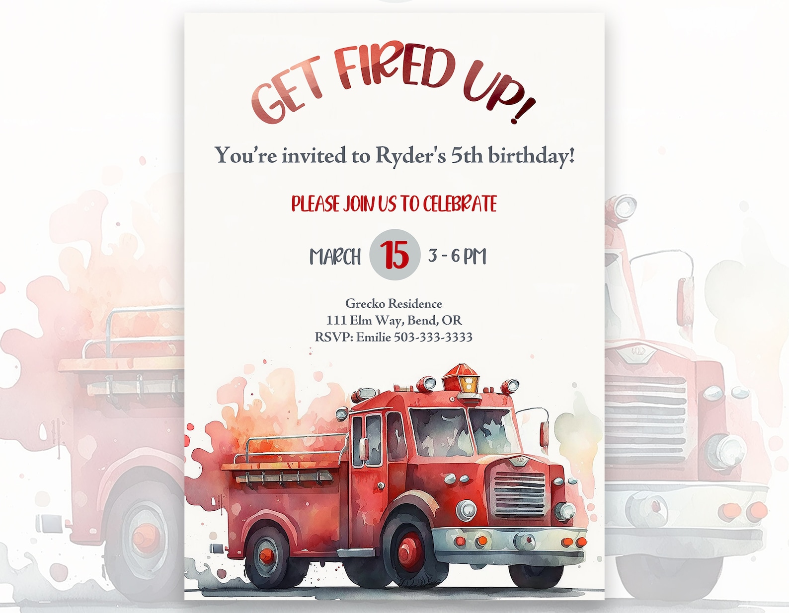 Get Fired Up! Children's Fire Truck Birthday Invitation Template - Etsy