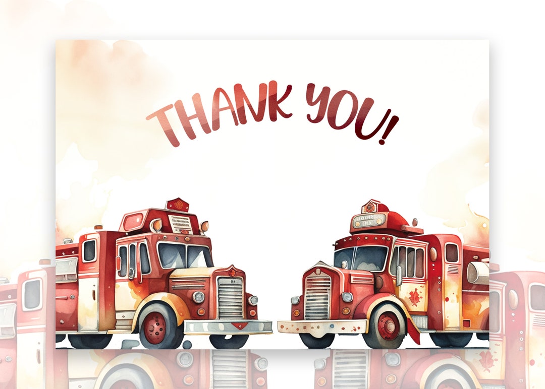 Get Fired Up! Children's Fire Truck Birthday Thank You Card & Tag ...