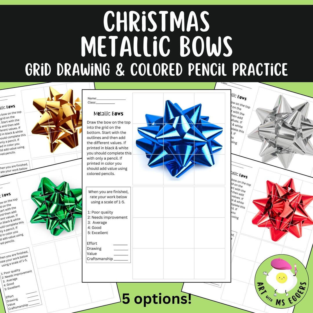 Christmas Metallic Bows: Grid Drawing and Colored Pencil Practice ...