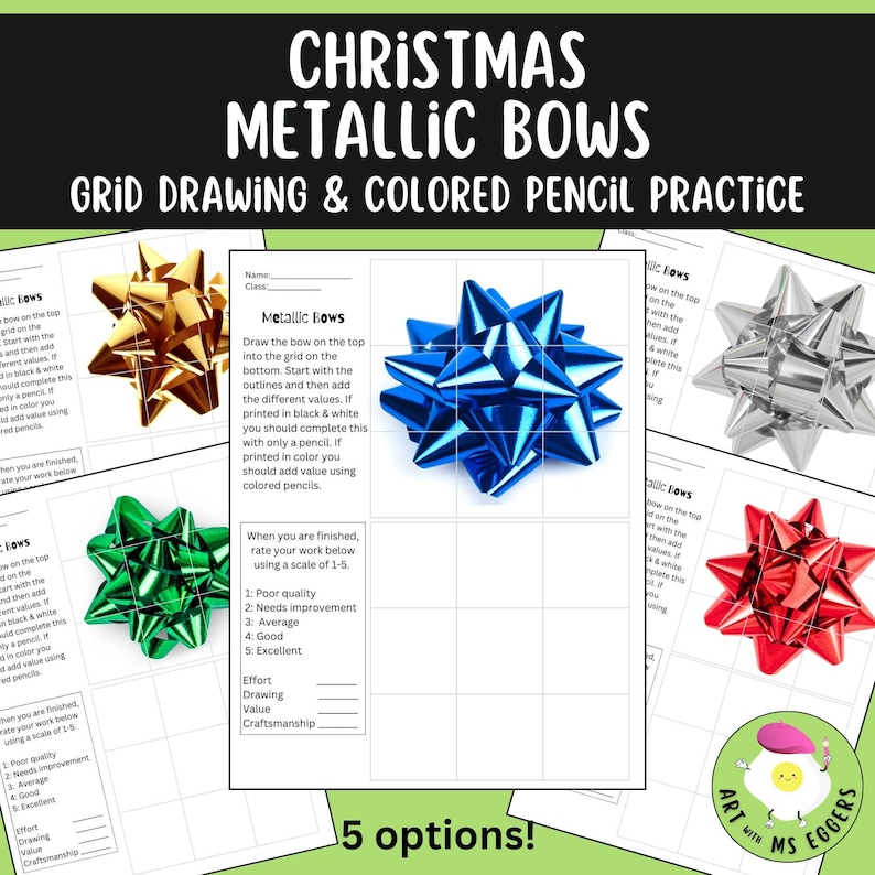 Christmas Metallic Bows: Grid Drawing and Colored Pencil Practice ...