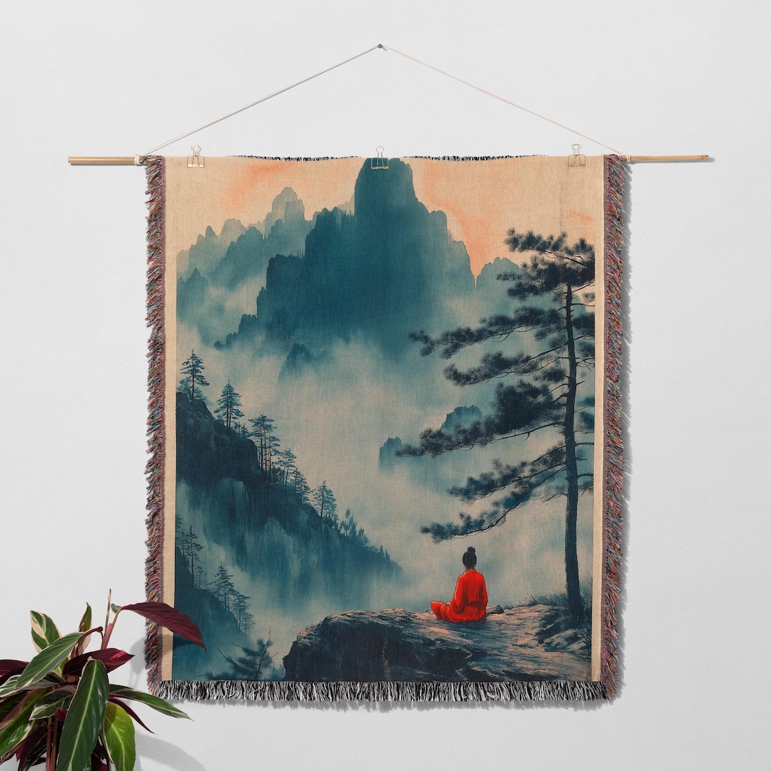 Zen Mountain Woven Blanket Buddhist Monk Meditation Art Asian Landscape ...