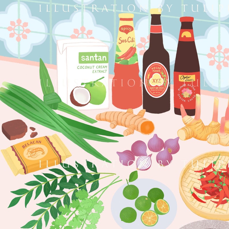 Malaysian Ingredients, Asian Food Illustration, Pastel Colors, Giclee ...