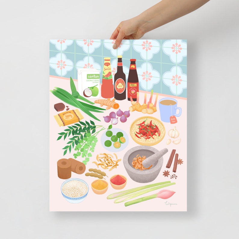 Malaysian Ingredients, Asian Food Illustration, Pastel Colors, Giclee ...