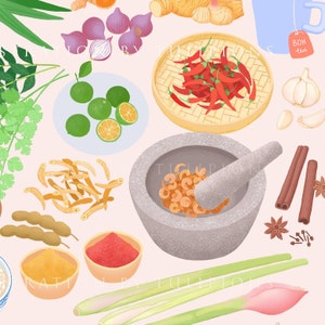 Malaysian Ingredients, Asian Food Illustration, Pastel Colors, Giclee ...