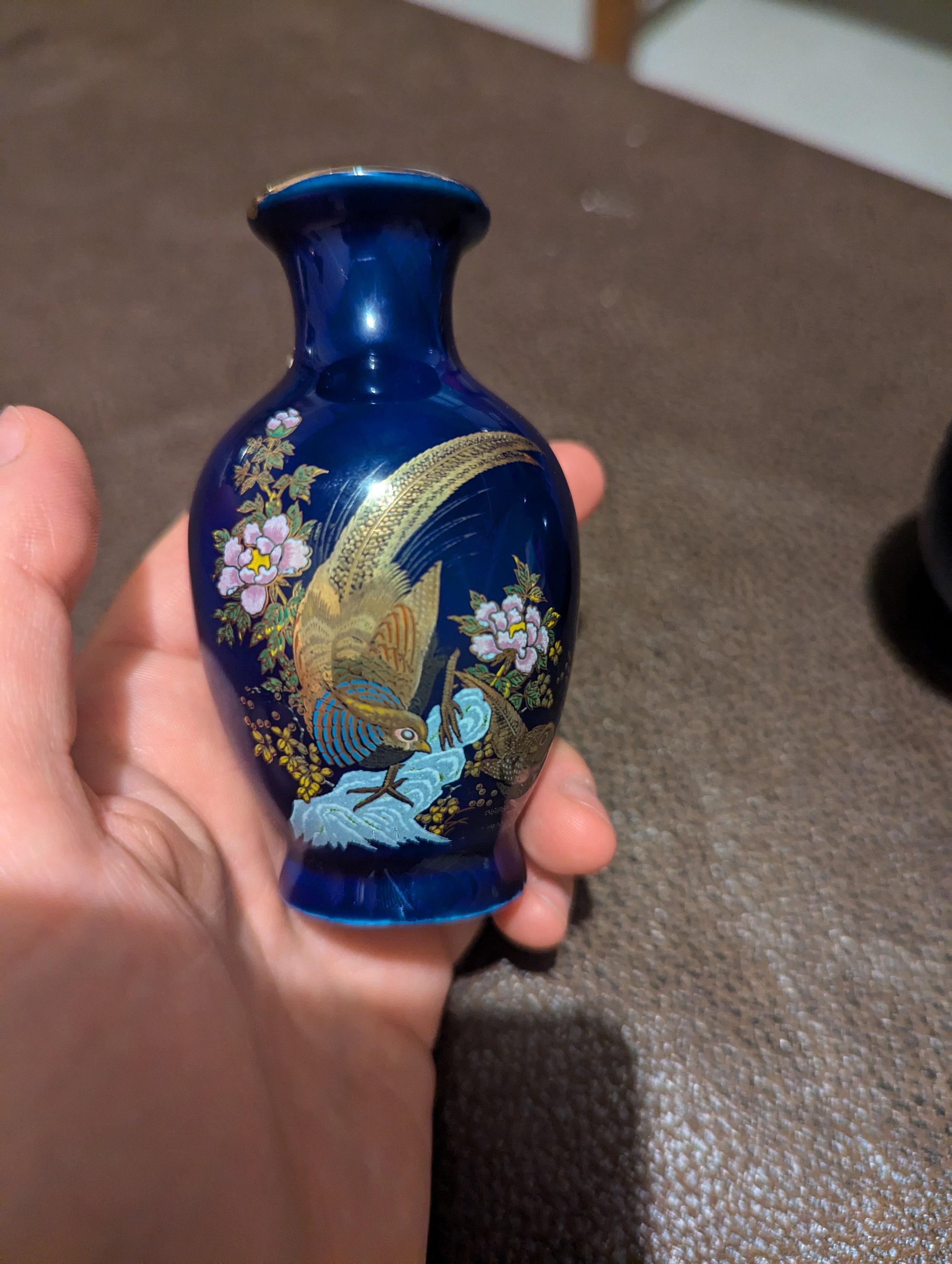Two Small Vintage Japanese Cobalt Blue Vases Peacock Flowers & Gold Bud ...