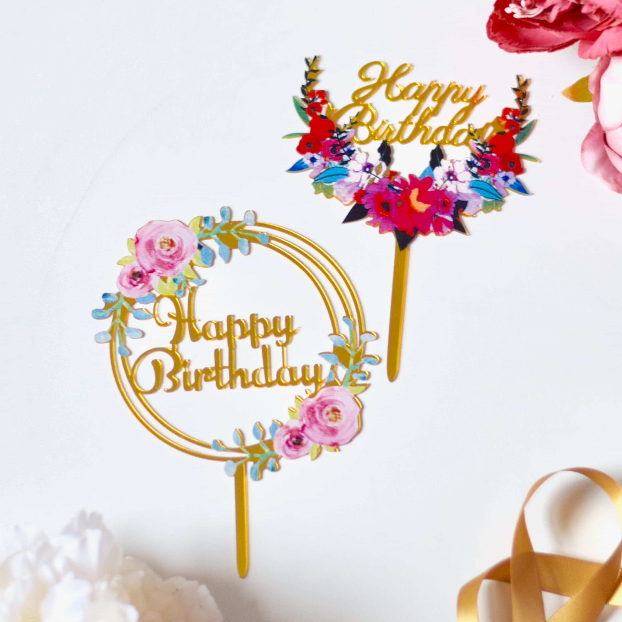 Floral 'happy Birthday' Topper | Elegant Colourful Cake Accessories ...